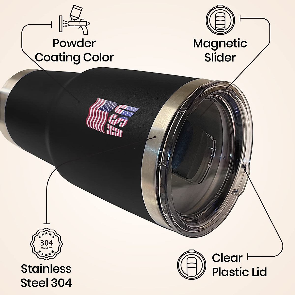 AAFEEN Black Coffee Tumbler Cup 30 oz | Double Walled Insulated Flask | Rust Proof Stainless Steel Hot and Cold Tumbler with Magslider Lid | Tea, Coffee Travel Mug for Men & Women with USA Flag Logo