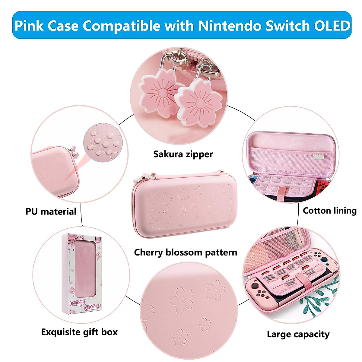 OLDZHU Pink Travel Carrying Case Accessories Kit Compatible with Nintendo Switch OLED 2021,10 in 1 Protection Kits with Hard Protective Cover,Glass Screen Protector,Adjustable Stand,Thumb Grip Caps