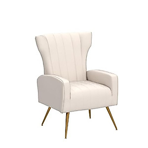 Container Furniture Direct Modern Velvet Accent Chair, Channel Tufted Bedroom, Office or Living Room Furniture with Elegant Metal Legs, 26" Wide Armchair, Beige