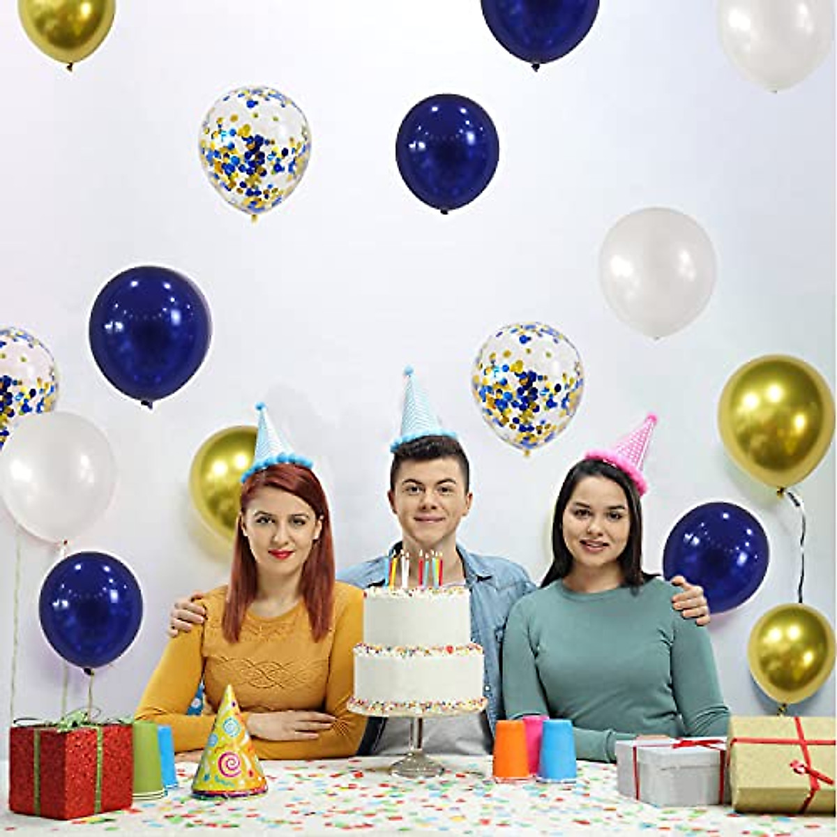 Tuoyi 100pcs Royal Blue Chrome Metallic Balloons Set, 12 Inch White Gold and Blue Balloons, Confetti Balloons for Wedding Engagement, Birthday Balloons