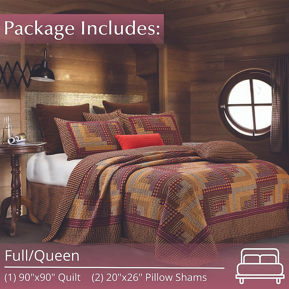 Virah Bella 2 Piece Full/Queen Lodge Quilt Bedding Set - Rustic Country Reversible Comforter Set with Decorative Pillow Shams - Montana Cabin: Red/Tan