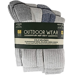 HOT FEET 4 Pack Work Socks for Men & Women - Breathable Boot Hiking Socks, Moisture Wicking Thick Wool Socks, Sizes 6-12.5, Man, Gray & Blue