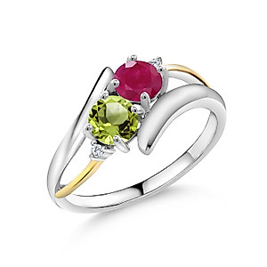 Gem Stone King 925 Sterling Silver and 10K Yellow Gold Round Red Ruby and Green Peridot Women Ring (1.12 Cttw, Gemstone Birthstone, Available In Size 5, 6, 7, 8, 9)