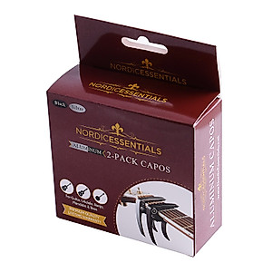 Guitar Capo (2 Pack) for Guitars, Ukulele, Banjo, Mandolin, Bass - Made of Ultra Lightweight Aluminum Metal (1.2 oz!) for 6 & 12 String Instruments - Nordic Essentials, Black+Silver