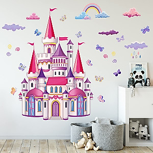 Pinenjoy Cartoon Castle Wall Decal Colorful Rainbow Clouds Butterfly Wall Stickers 39x30inch Fantasy Removable Self-Adhesive Vinyl Wall Clings for DIY Girls Bedroom Nursery Classroom Living Room
