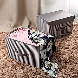 mee'life Foldable Storage Boxes with Lids 2 Pack Linen Fabric Storage Bins with Lids, Closet Organizers and Storage Baskets Cubes for Home Bedroom Closet Office (Grey Stripes, 14.9x9.8x9.8in)