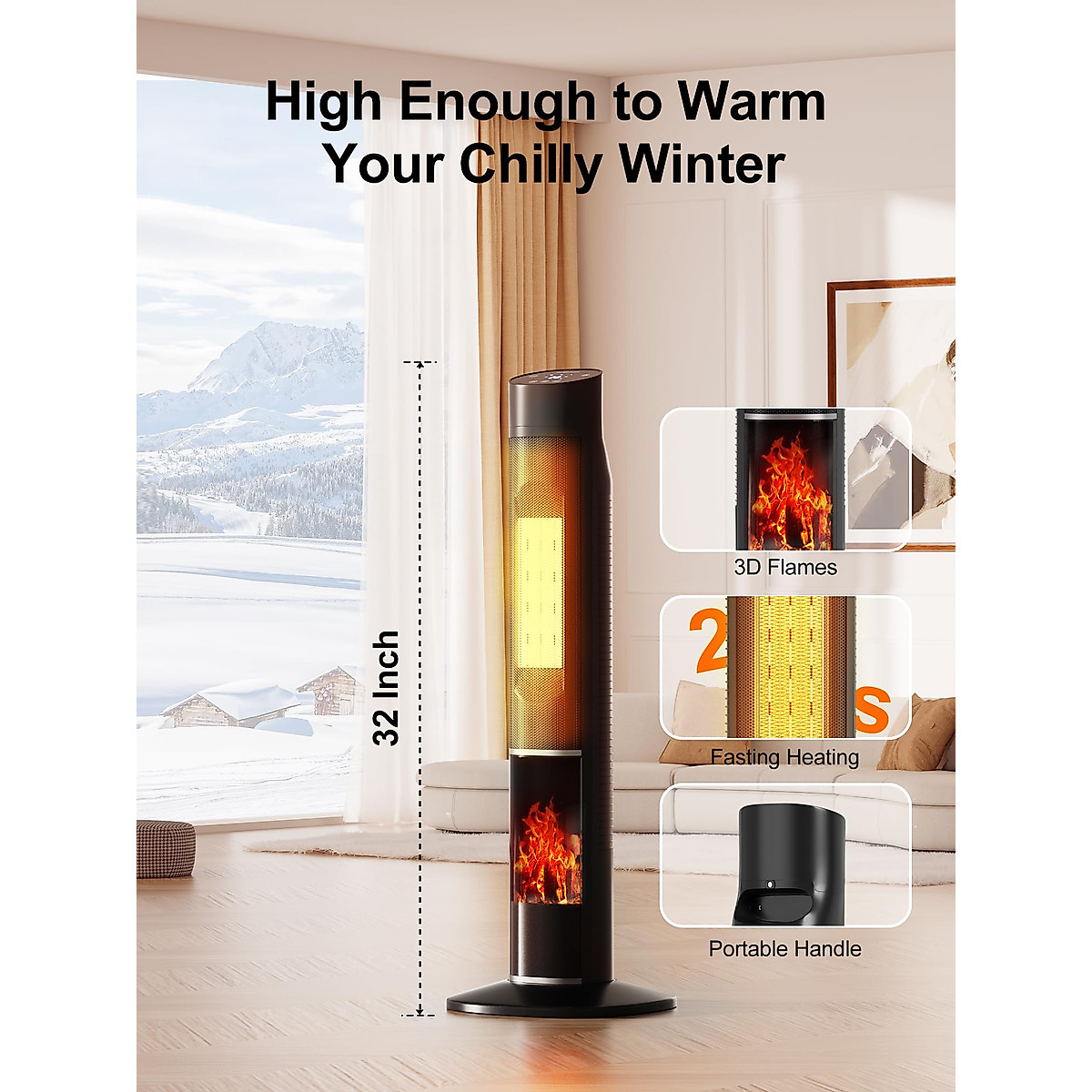 Uthfy Space Heaters for Indoor Use, 32" Electric Heater With Flame for 400 Sq.ft Large Room, 1500W Portable Tower Ceramic Room Heater With 24 H Timer, Remote, 80°Oscillation, 3 Modes for Bedroom