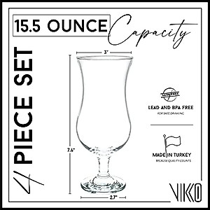 Vikko Hurricane Glasses, Set of 4 Pina Colada Glasses, 13.25 Ounce Cocktails Glasses Set, Durable Dishwasher Safe Party Glass