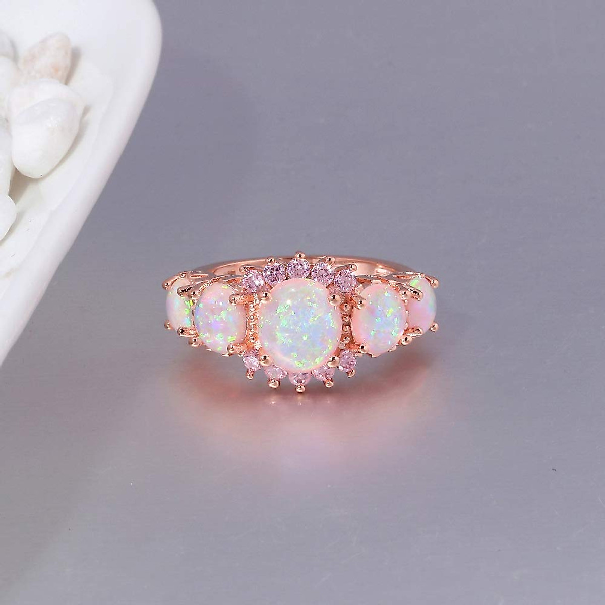 CiNily Womens Opal Rings 14K Rose Gold Plated Pink Fire Opal Jewerly Gift Engagement Ring Size 9