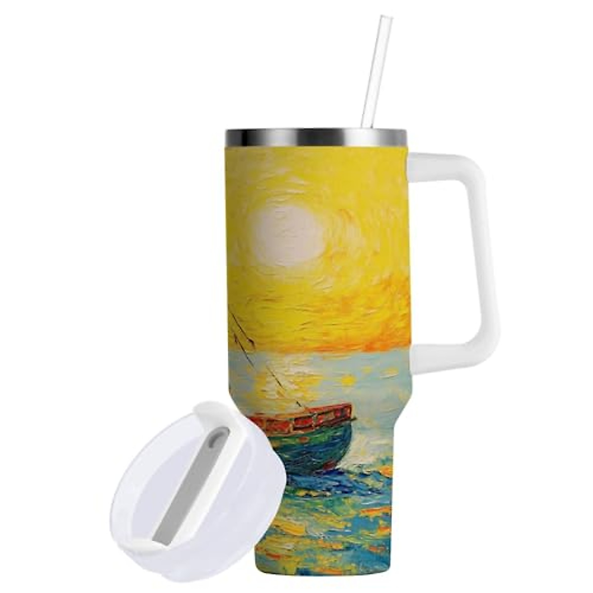 RPLIFE Boat Sunset Oil Painting Style 40oz Tumbler with Handle, Stainless Steel Tumbler with Straw, Tumbler for Men