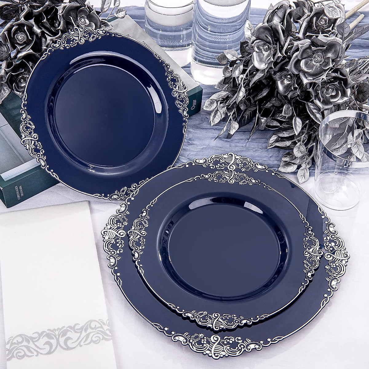 Hioasis 175pcs Blue Plastic Plates - Blue and Silver Plastic Plates Disposable Include 25 Dinner Plates,25 Dessert Plates,25 Knives,25 Forks,25 Spoons,25 Napkins Perfect for Wedding & Parties