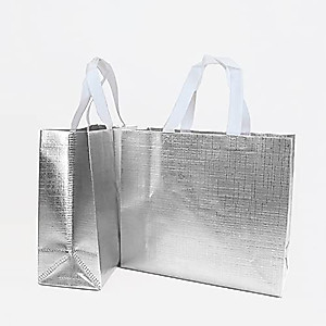 HUANN 12 Pcs Silver Gift Bags Large Wedding Gift Bags with Handle Glossy Reusable Gift Bags Shine Non-Woven Gift Bags for Wedding Christmas Party, 13 x 5 x 11 Inch