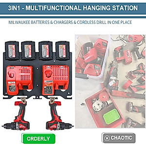 DITKOK 3-in-1 Metal Wall Mount for Milwaukee Chargers Batteries Drills Storage Rack for 4x 18V Battery Packs Bracket Holder for 2x M12-18C Charger/2x M12-18FC Charger/1x M18 DFC, Power Tool Organizer