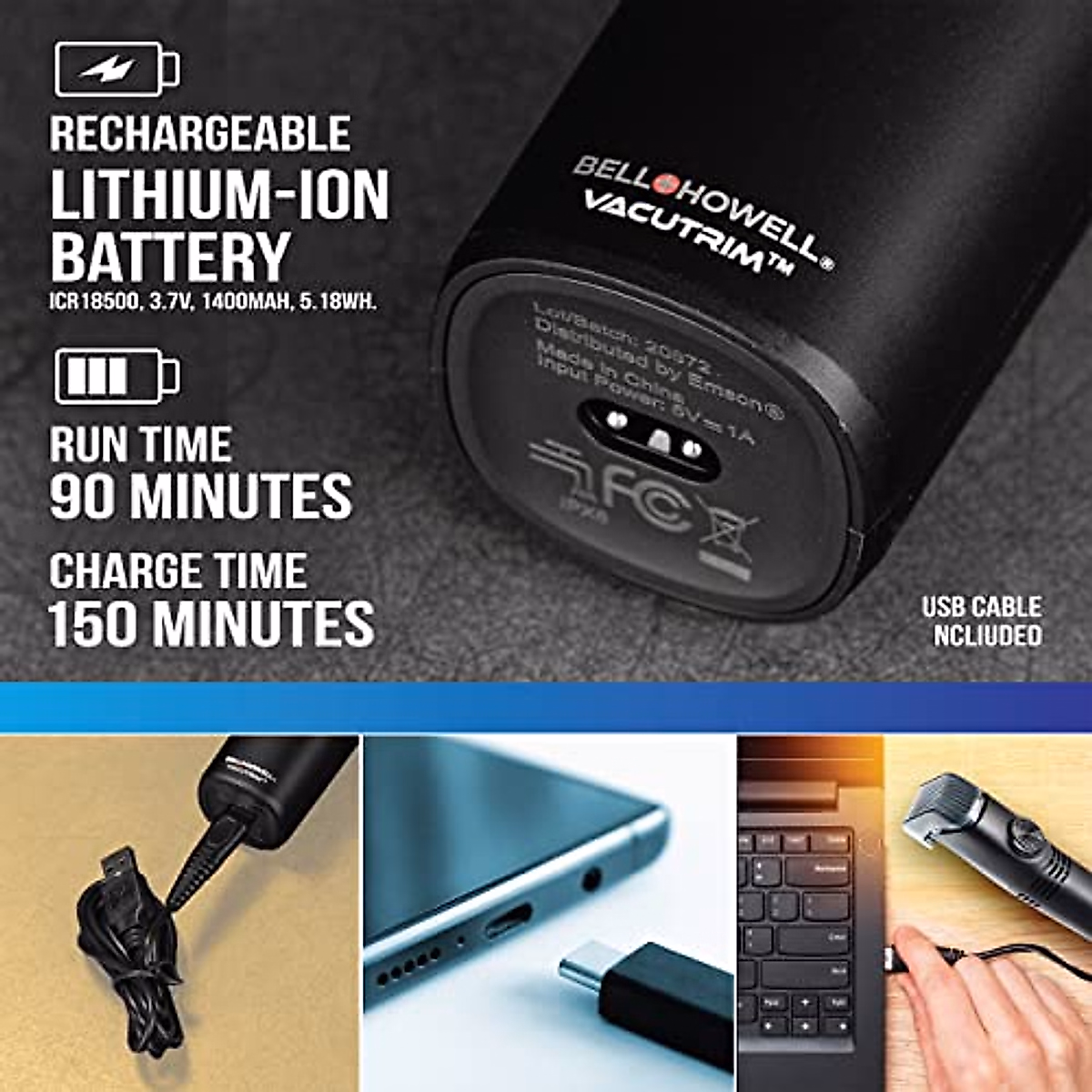 Bell+Howell Vacutrim Professional Vacuum Hair Trimmer with Powerful Suction Rechargeable Shaver for Mens Beard Mustache Sideburn Ultra Sharp Stainless Blade Cordless Hair Clipper As Seen On TV