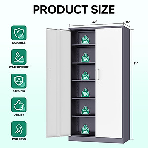 Letaya Metal Storage Cabinet with Lock Door, 71" Adjustable Shelf Steel Lockers for Office, Home,School,Garage Utility Tool Cabinet (2 Door-White&Gray)
