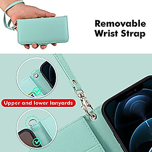 LAIRTTE iPhone case Wallet Case for iPhone 13 Pro Max Soft Leather iPhone 13 Pro Magnetic Kickstand Shockproof Closure Wallet Flip Case with Credit Card Holder RFID Blocking & Wrist Strap Light Blue
