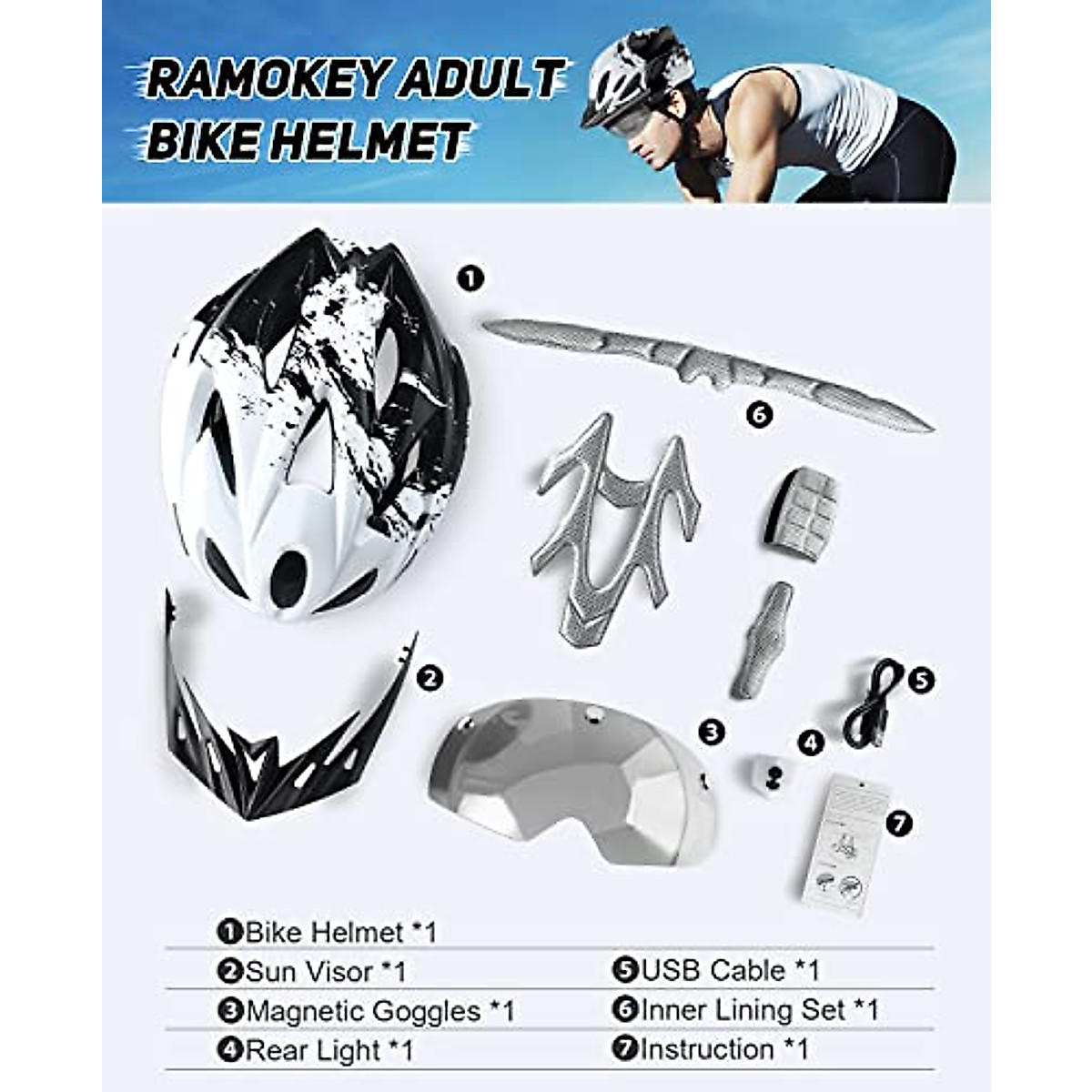 LAMONKE Bike Helmet with USB Rechargeable LED Light Detachable Goggles and Sun Visor, Mountain & Road Bicycle Helmets for Men Women Adult Cycling Helmets