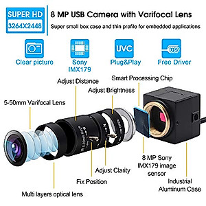 Hotpet 8MP Optical 10X Zoom 5-50mm Lens Webcam 2448P USB Industrial Camera with Sony (1/3.2”) IMX179 Sensor, Industrial Web Camera Support OpenCV for Linux Windows Android Mac,Plug&Play,UVC
