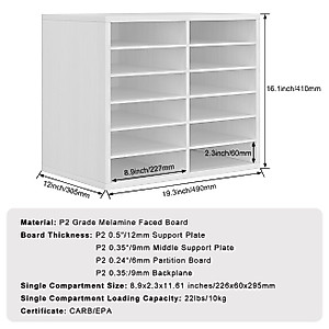 PAG Countertop Mail Sorter Organizer, Wooden Literature Organizer, Student Mailbox for Classroom, Desktop Bill Organizer for Office Home School, 12 Compartments, White