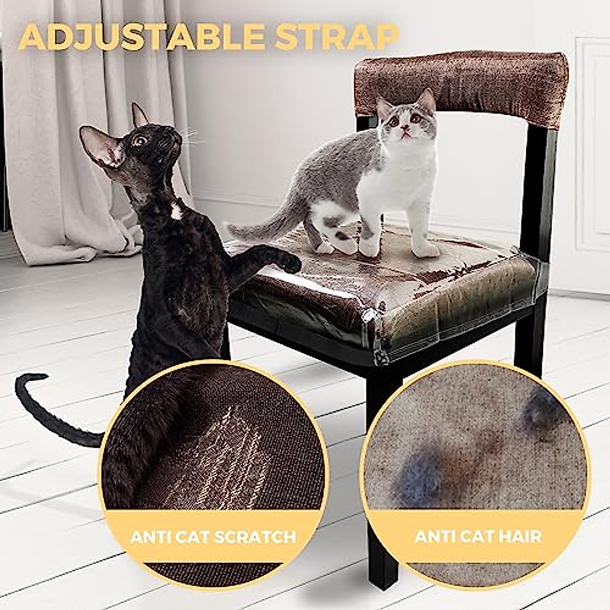 4 Pack Large Plastic Chair Covers for Dining Room, Clear Chair Seat Protectors with Adjustable Belt Strap Fits 18” – 22” Seats, Waterproof & Scratch Resistant Heavy Duty PVC Dining Chair Covers