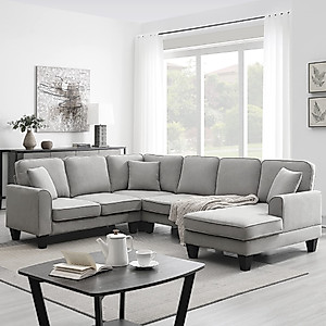U Shape Sectional Sofa, 7-Seat Fabric Sectional Sofa Set with 3 Pillows,Fabric Corner Couch with Backrest and Armrest for Living Room, Apartment, Office (Light Grey)