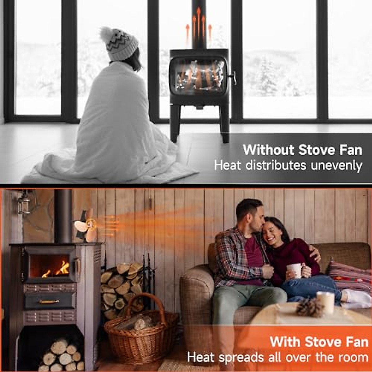 Kiriner Wood Stove Fan, 4 Blades Heat Powered Fireplace Fans for Wood/Log Burner/Fireplace, Quiet, Eco-Friendly Black Stove Fans, Circulating Warm Air Saving Fuel