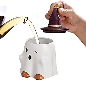 ALASSE Halloween Mug, Hat Ghost Drinking Cup, Spooky Mug, Cute Ceramic Ghost Mug with Lid, Novelty Coffee Mugs, White Coffee Mug Decor for Halloween Table Centerpieces, Mug for Child