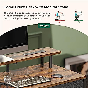 Huuger 47 inch Computer Desk with LED Lights & Power Outlets, Gaming Desk Home Office Desk with Storage Drawers, Rustic Brown