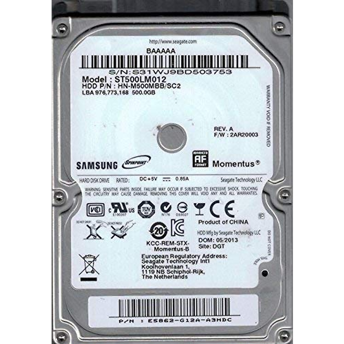 Samsung ST500LM012 HN-M500MBB/SC2 F/W: 2AR20003 500GB Seagate (Renewed)