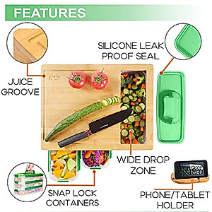 Smart Bamboo Cutting Board With Containers, Locking Lid, and Built-in GRATER. Easy To Clean Food Prep Station With Trays. Extra Large Smart Cutting Board Set with Stackable Containers For Easy Storage