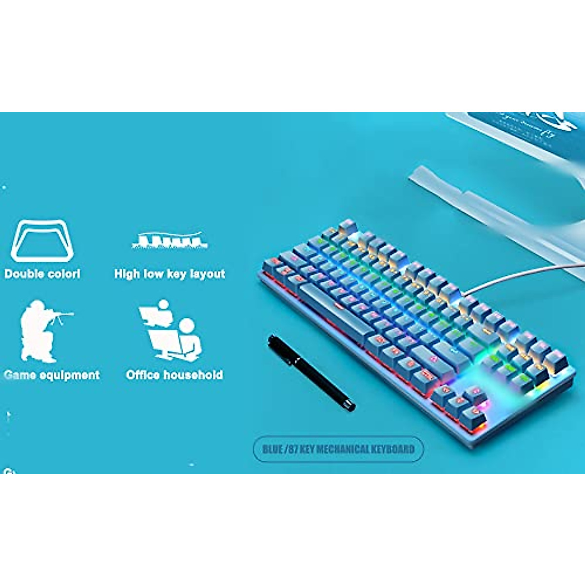Mechanical Keyboard,Wired Rainbow LED Backlit 87 Key Waterproof Gaming Keyboard,USB Cable with Magnetic Ring PC PS4(Blue)