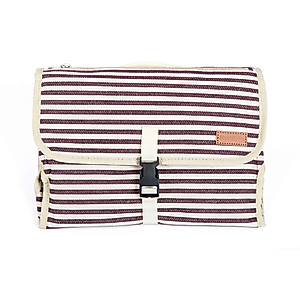 Simple Being Portable Changing Pad, Travel Diaper Canvas Clutch Mat, Diaper Bag Essential with Storage Pockets for Wipes and a Supportive Foam Head Pillow Padding (Red Stripe)