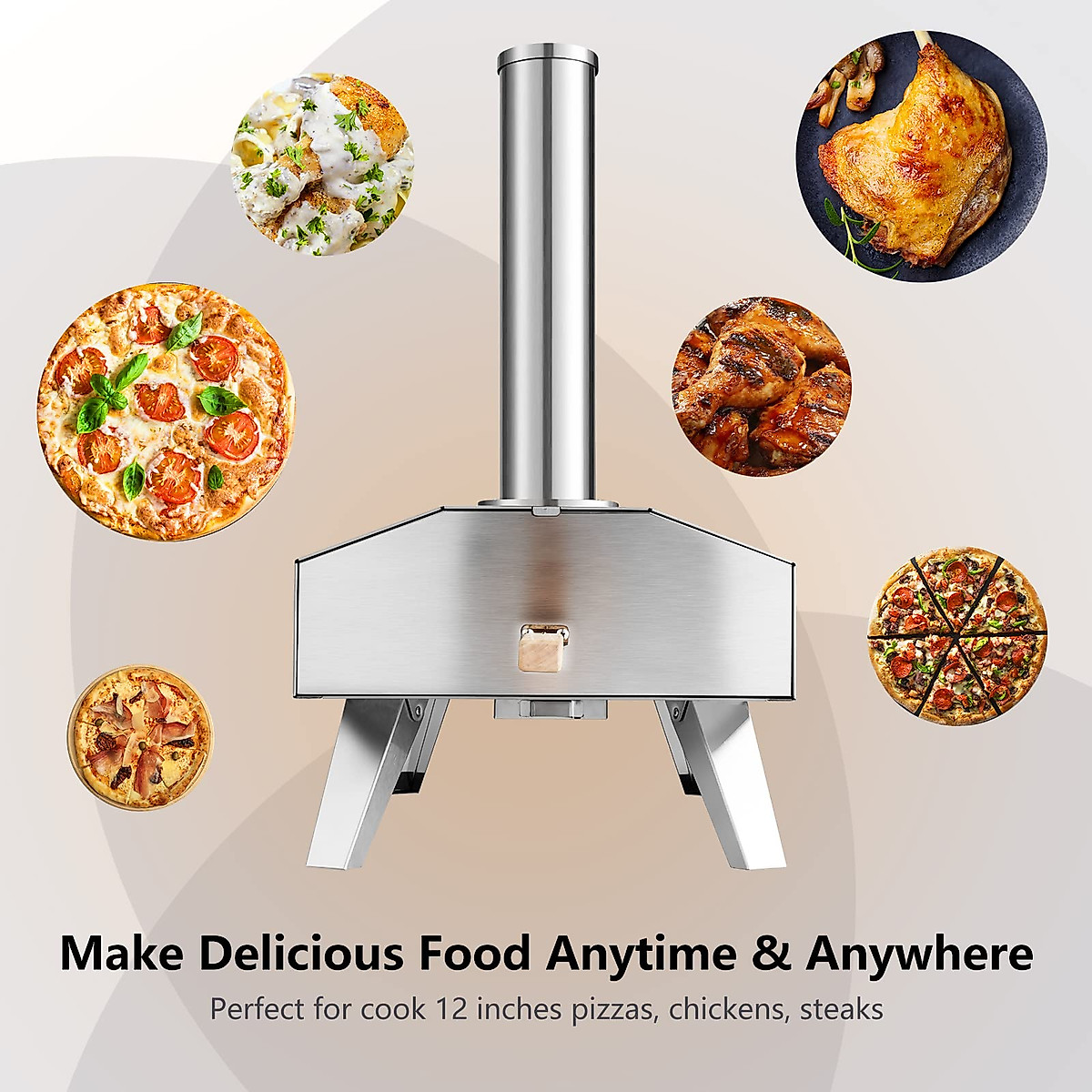 PETSITE Pizza Oven Outdoor, Wood Fired Pizza Oven with 12 Inches Pizza Stone, Portable Stainless Steel Wood Pellet Grill Pizza Maker for Outside Backyard Camping Party Cooking
