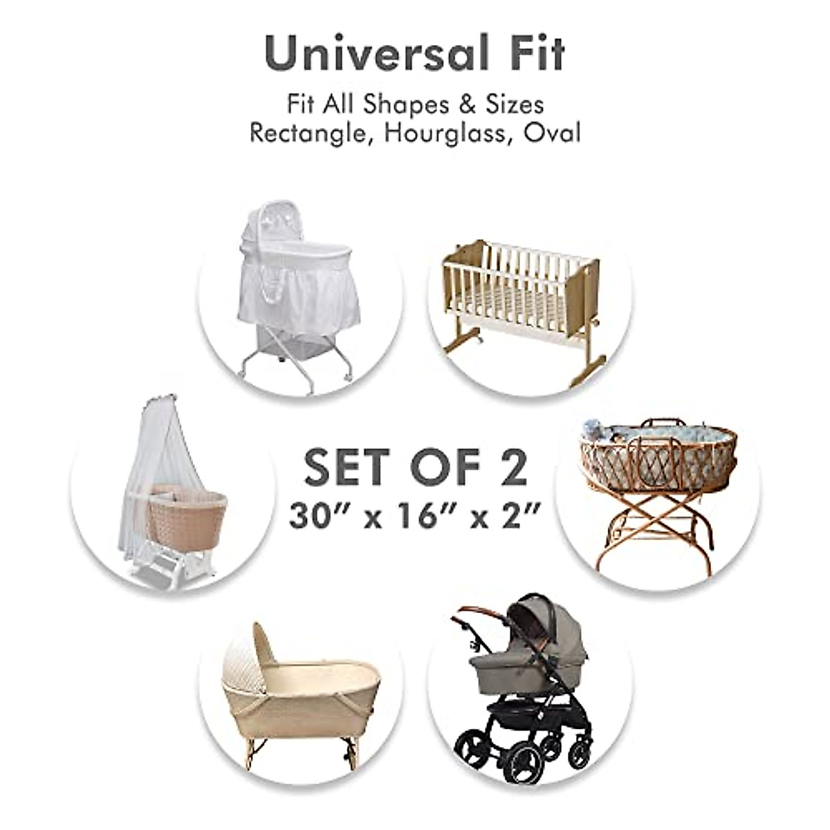 Jersey Knit Bassinet Sheet Set, Suitable for Cradles and Moses Baskets, Fitted Stretch, Fits Most Mattresses and Pads, Soft Material, for Boys and Girls, 30" x 16" x 2", White, 2 Pack