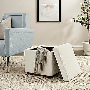 Linon Lexington Sherpa Upholstered Square Storage Ottoman Accents, Cream & Dark Walnut