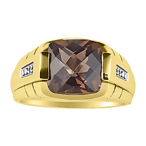 Rylos 12MM Cushion Shape Checker Top Smoky Quartz Color Stone & Diamonds Set in Yellow Gold Plated Silver Size 9
