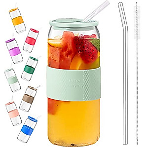 Vozoka 20oz Beer Can-Shaped Cup with Silicone Lids and Sleeve, Iced Coffee Cup Reusable, Glass Tumbler, Drinking Glass, Smoothie Cups, Tea Cup (Sky Blue)