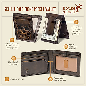HoJ Co. SKULL Bifold Front Pocket Wallet | Biker Money Clip Wallet | Strong Magnetic Clip | Bifold with Money Clip | Slim Wallet