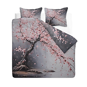 OmErsa Japanese Cherry Blossom Duvet Cover Queen Size Set, Asian Bedding Bedroom Decor, Comforter Cover & 2 Pillowcases 3 Pieces, Home Collection Quilt Cover