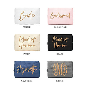 WEDDINGSTAR Women's Customizable Cotton Waffle Makeup Bag - Script Font Black