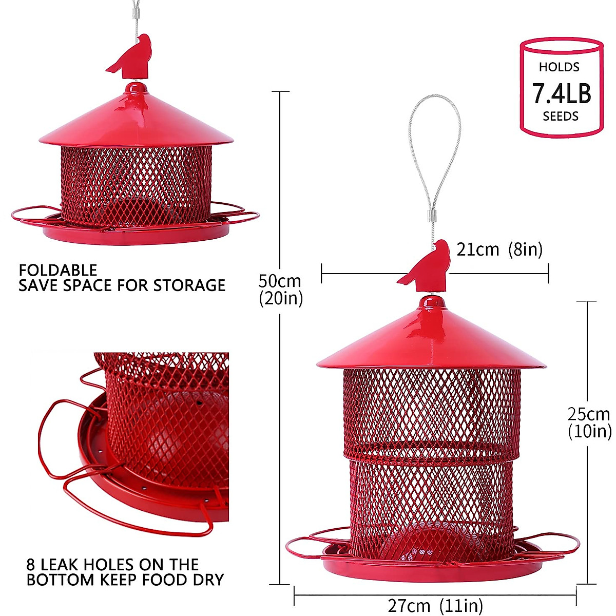 Metal Wild Bird Feeders Clearance,Outside Squirrel Proof Bird Feeder, 7.4LB Hanging Large Capacity Heavy Duty Water Resistance Outdoor Birdfeeders for Garden Yard-Red