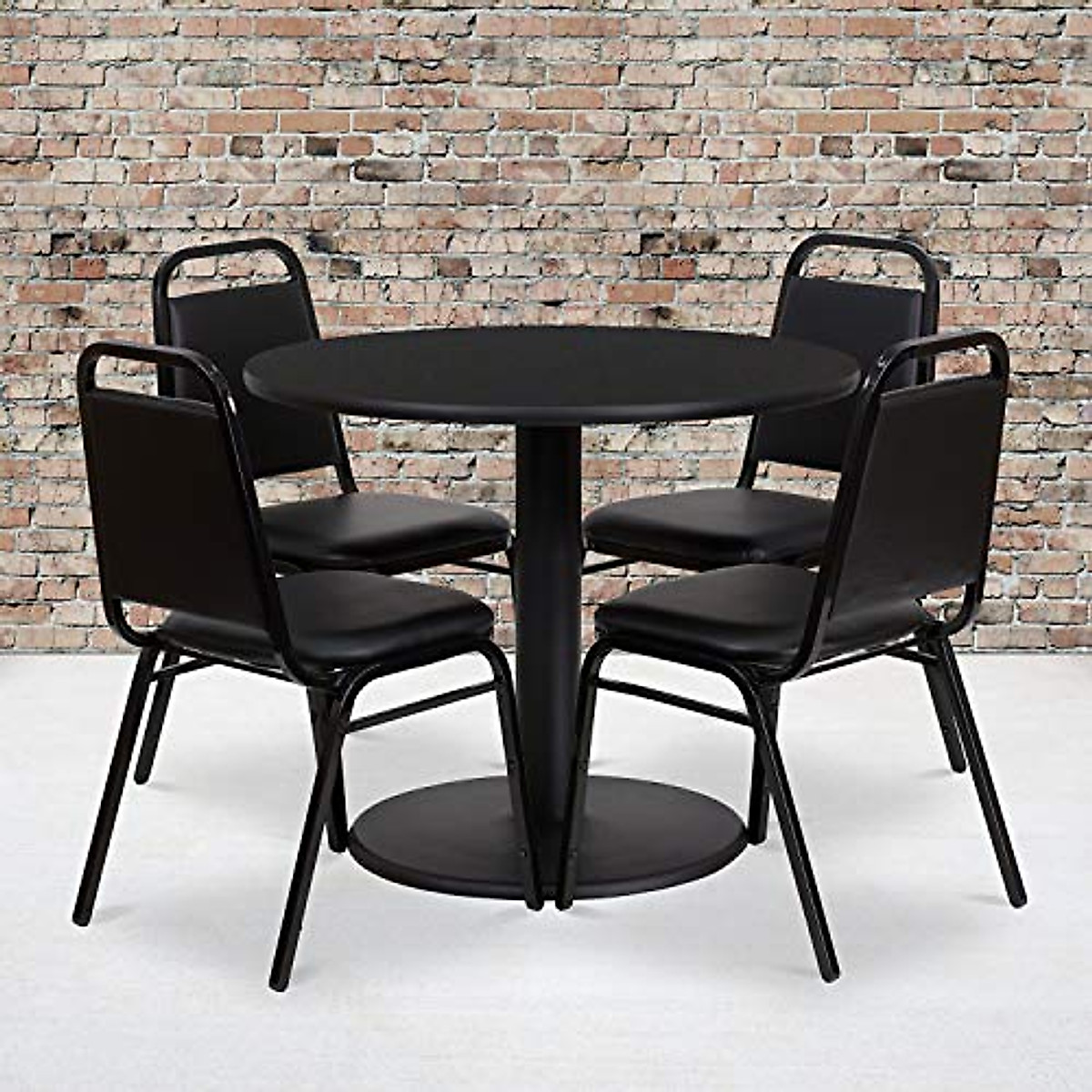 Flash Furniture 36'' Round Black Laminate Table Set with Round Base and 4 Black Trapezoidal Back Banquet Chairs
