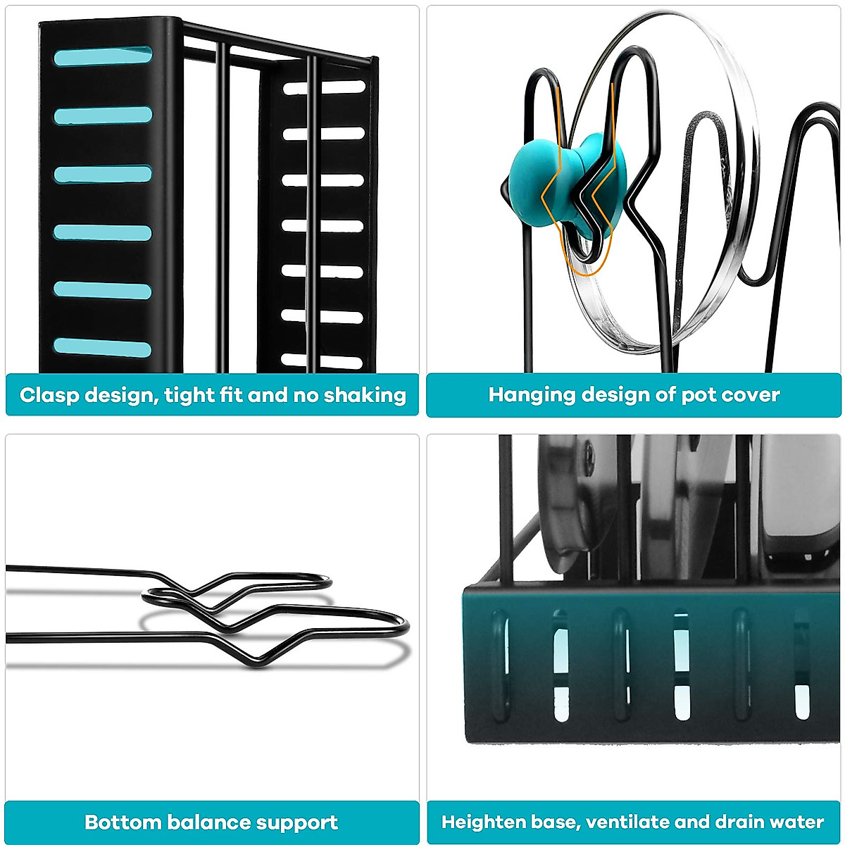 Kphico Pots and Pans Organizer,Pot Rack with 3 DIY Methods,Adjustable Pan Organizer Rack with 8 Tiers,Non-Slip Pan Pot Rack for Kitchen Cabinet Organizer and Storage,Send 1 PCS Cleaning Cloth