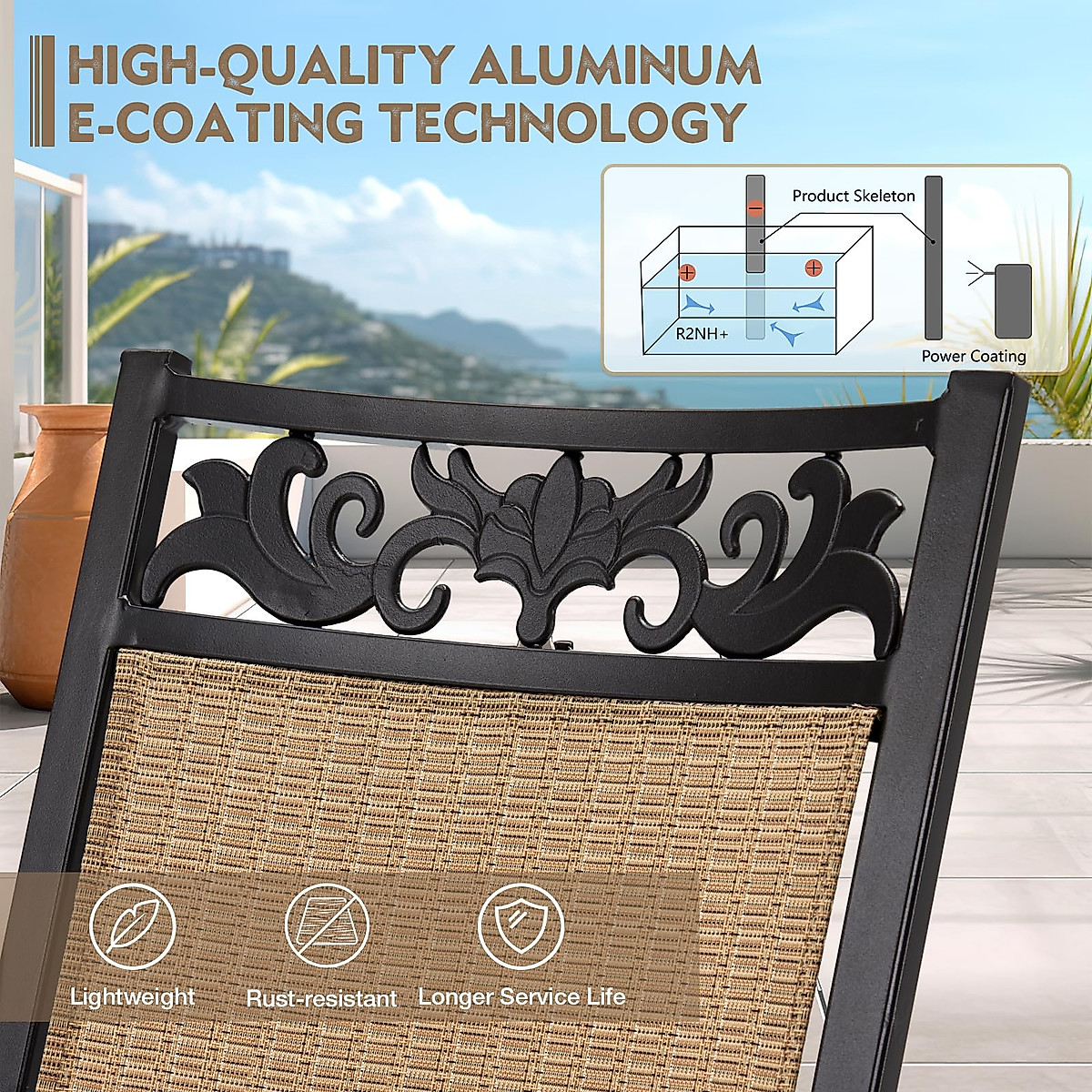 EROMMY Patio Swivel Chairs Set of 2, All-Weather Cast Aluminum Patio Sling Dining Chairs, Outdoor Swivel Rocker Chairs for Backyard, Garden, Deck, Porch, Balcony, Brown