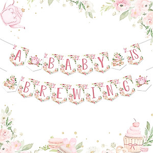 Fangleland Tea Party Baby Shower Banner for Girl - A Baby Is Brewing Tea Theme Pink Floral Banner Decorations, Girl’s Gender Reveal Pregnancy Celebration Hanging Garland Party Supplies