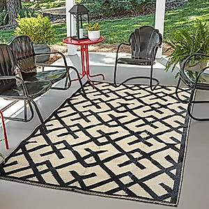 Reversible Mats - Plastic Straw Rug, Outdoor Rug for Patio Clearance Decor, Modern Area Rugs, Floor Mat for Outdoors, RV, Backyard, Deck, Picnic, Beach, Trailer, Camping, Black & Beige, 5' x 8'