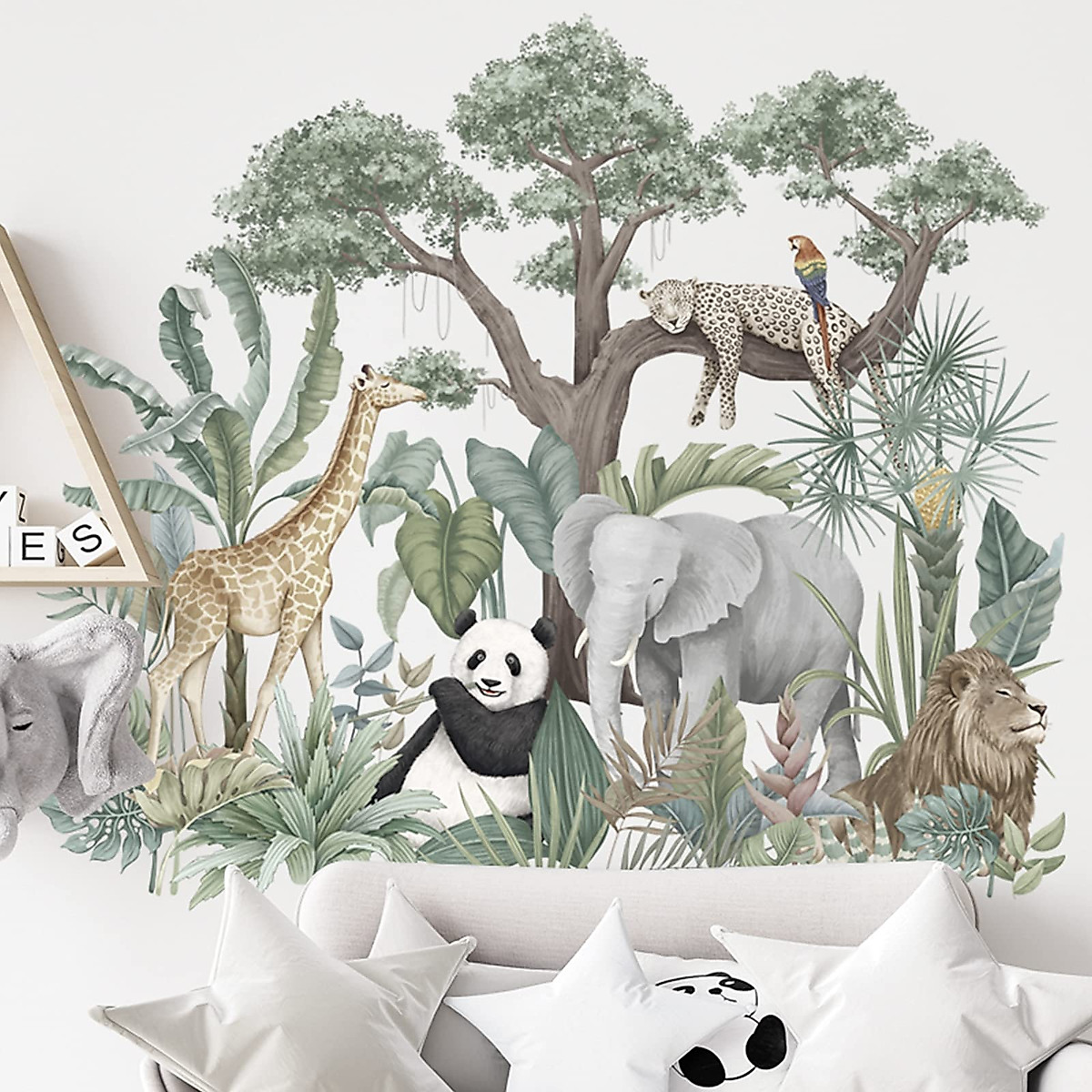 Cartoon Tropical Rainforest Animals Green Plants Wall Stickers, Jungle Giraffe Elephant Panda Lion Leopard Parrot Wall Decals, ZOXILEN DIY Zoo Art Decor for Kids Bedroom Nursery Living Room Home