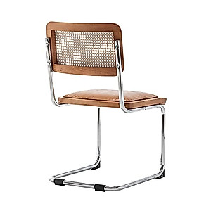 Alunaune Mid Century Modern Dining Chairs Set of 2, Upholstered Natural Rattan Kitchen Accent Chairs, Armless Side Chair with Metal Chrome Legs for Bedroom Living Room-Brown with PU Seat