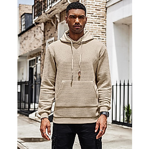 COOFANDY Men's Quilted Sweatshirt Casual Long Sleeve Outdoor Hoodies Pullover Hooded Khaki 3X-Large