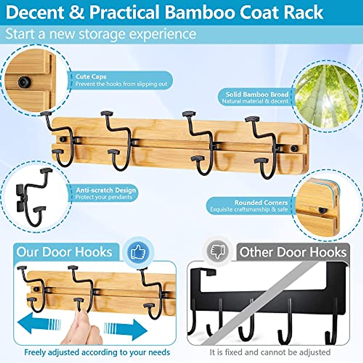 ETECHMART Over The Door Hooks Organizer, Door Hanger with 3 Mesh Baskets & Bamboo Coat Rack, Heavy Duty Towel Rack for Bathroom Kitchen Hanging Clothes Hats, Heavy Duty Back of Door Storage, Bamboo